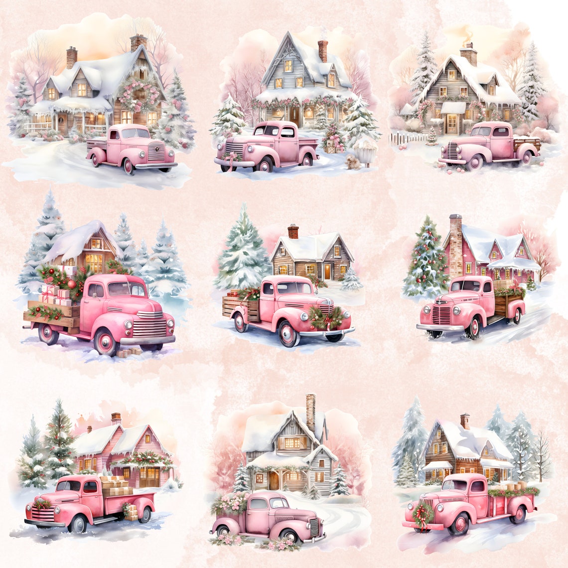 Watercolor Christmas Truck Clipart, 18 Pastel Watercolor Vintage ...