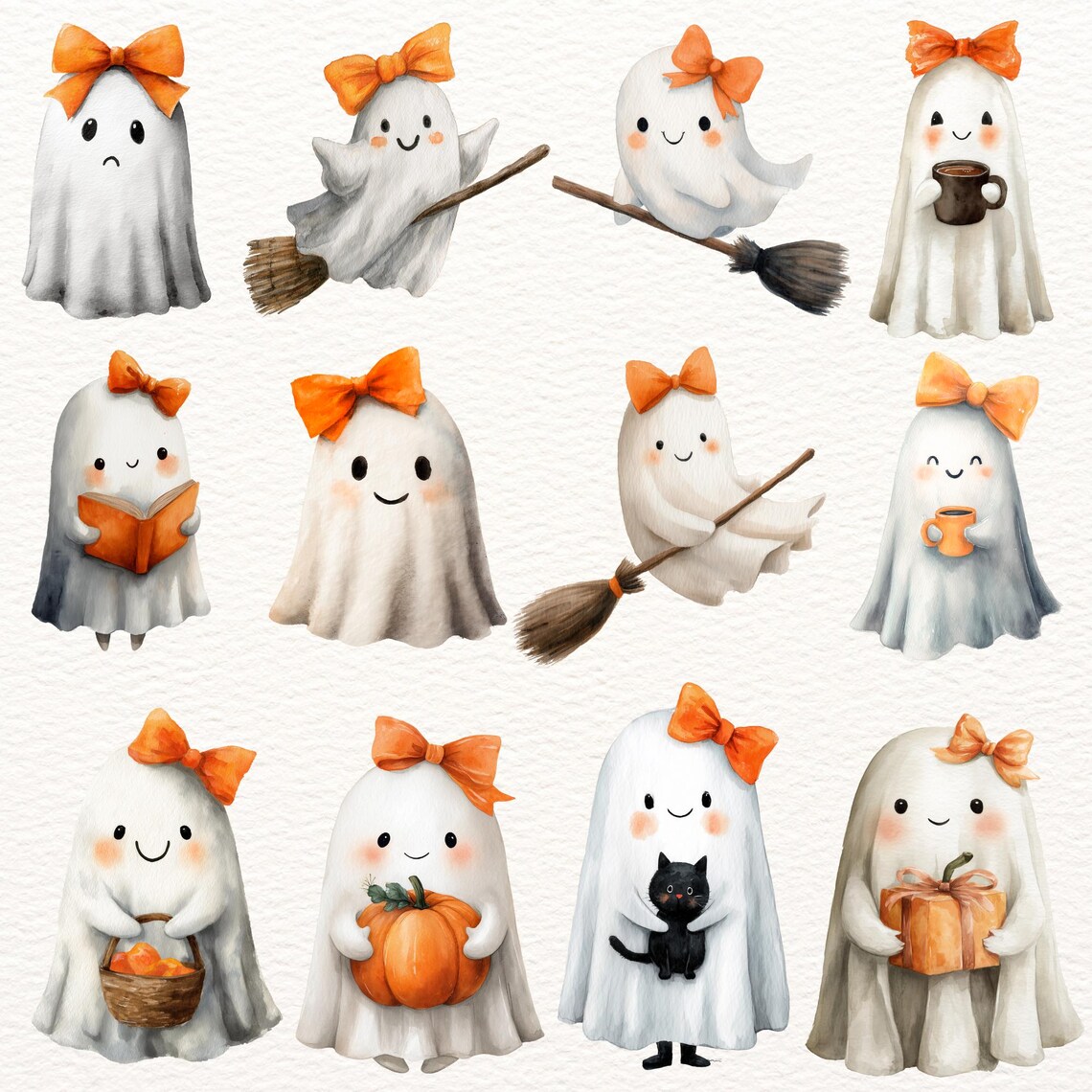 Cute Little Halloween Ghost Clipart Bundle, Halloween Graphics, Kids ...