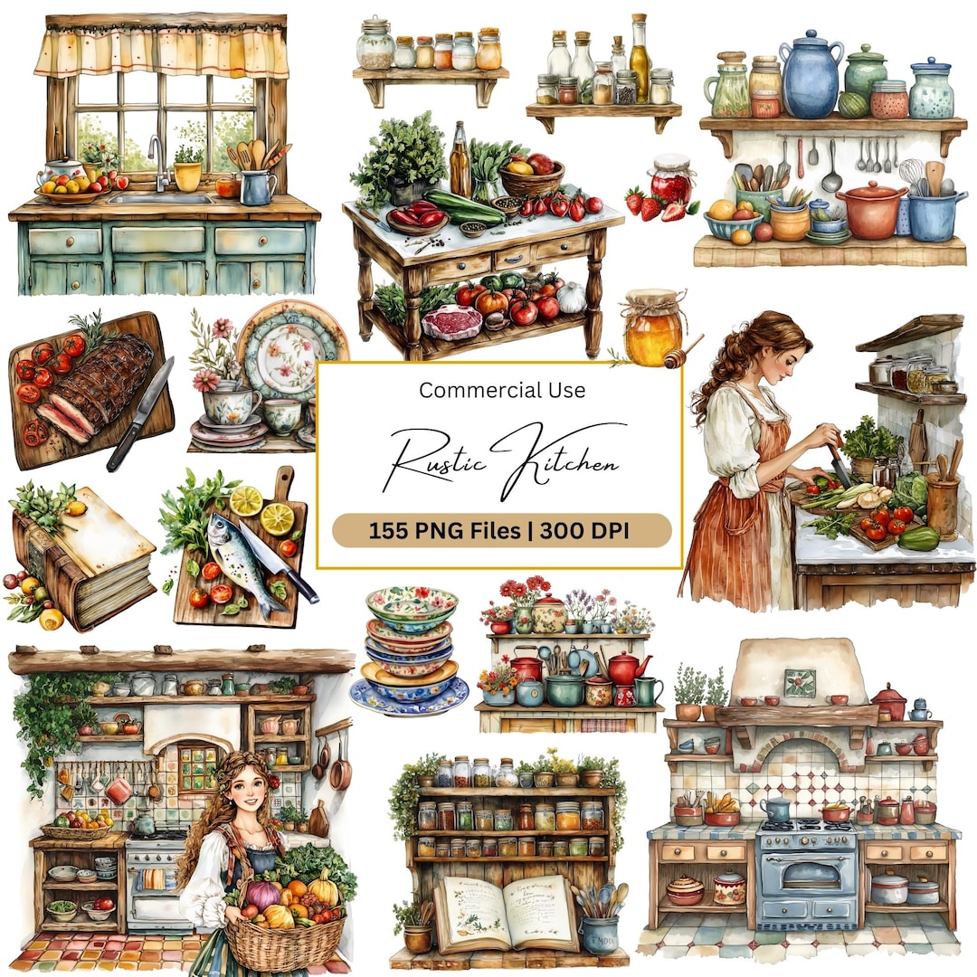Rustic Farmhouse Kitchen Clipart Mega Bundle, Vintage Cottage Kitchen ...