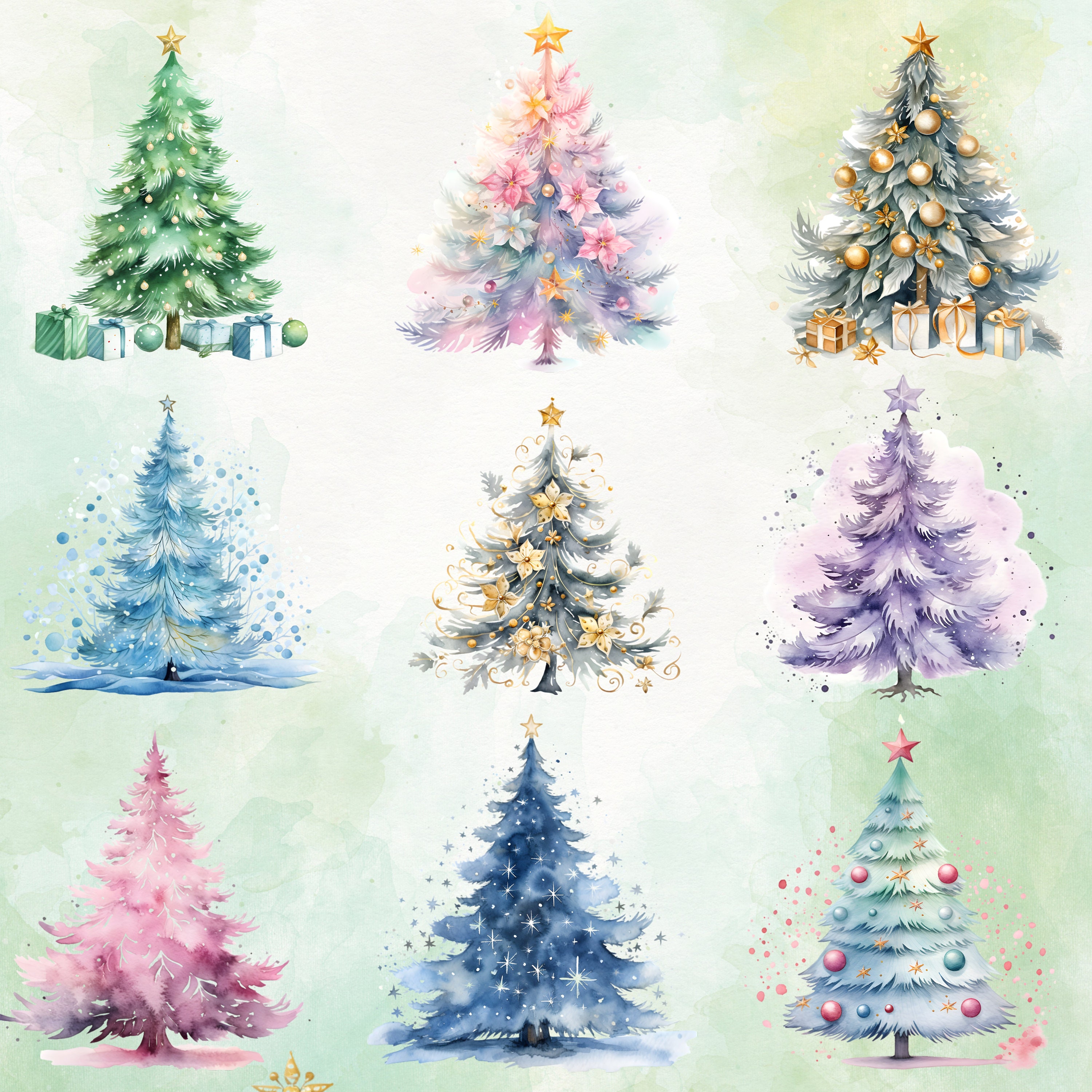 30 Watercolor Christmas Trees Clipart, Pastel Christmas Trees PNG ...