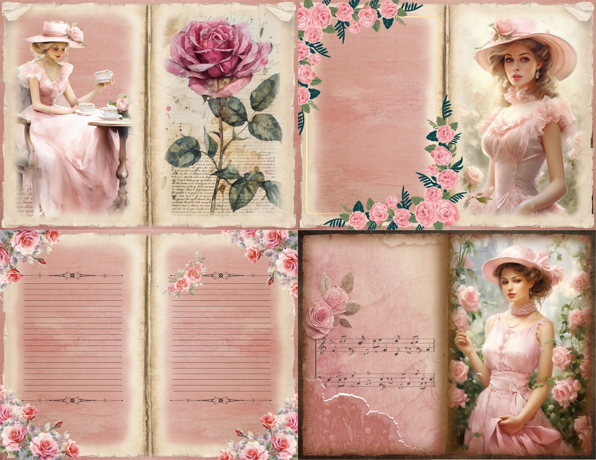 Watercolor Vintage Rose Junk Journal Kit, Victorian Lady Pink Rose ...