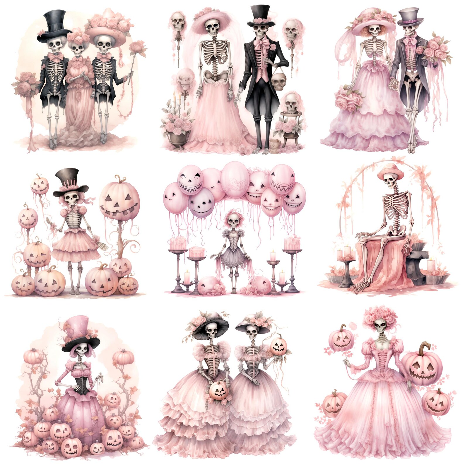 Pink Halloween Skeleton Clipart Bundle: Vintage Spooky PNG Graphics ...