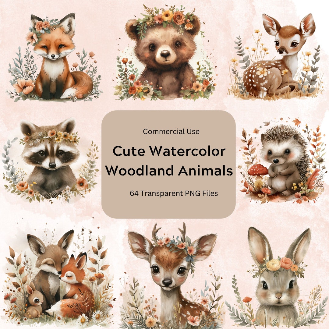 Cute Watercolor Woodland Animals Babyshower Clipart PNG, Boho Woodland ...
