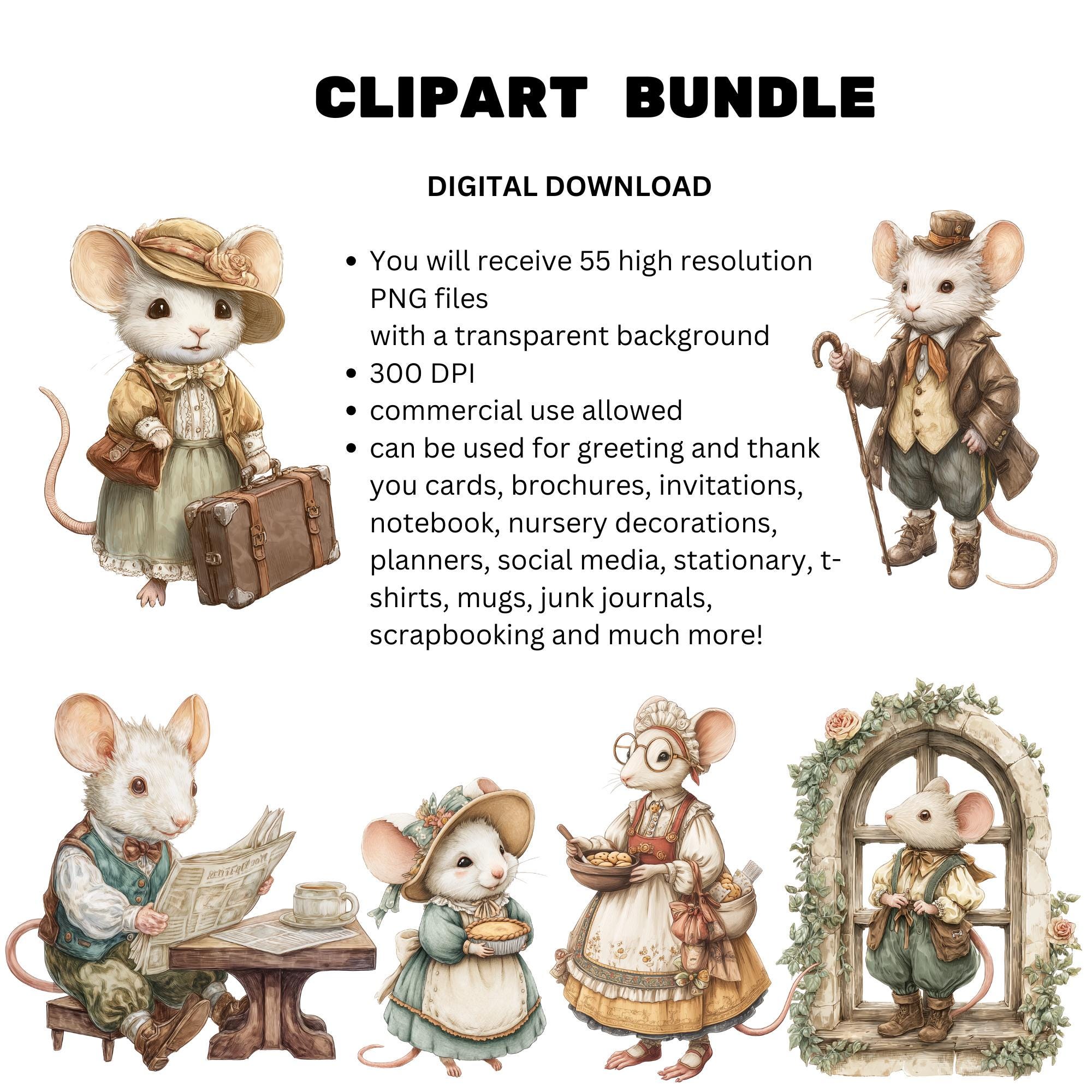 Watercolor Mouse Tales Clipart: Vintage Mice PNG Bundle (55 Designs) - Etsy