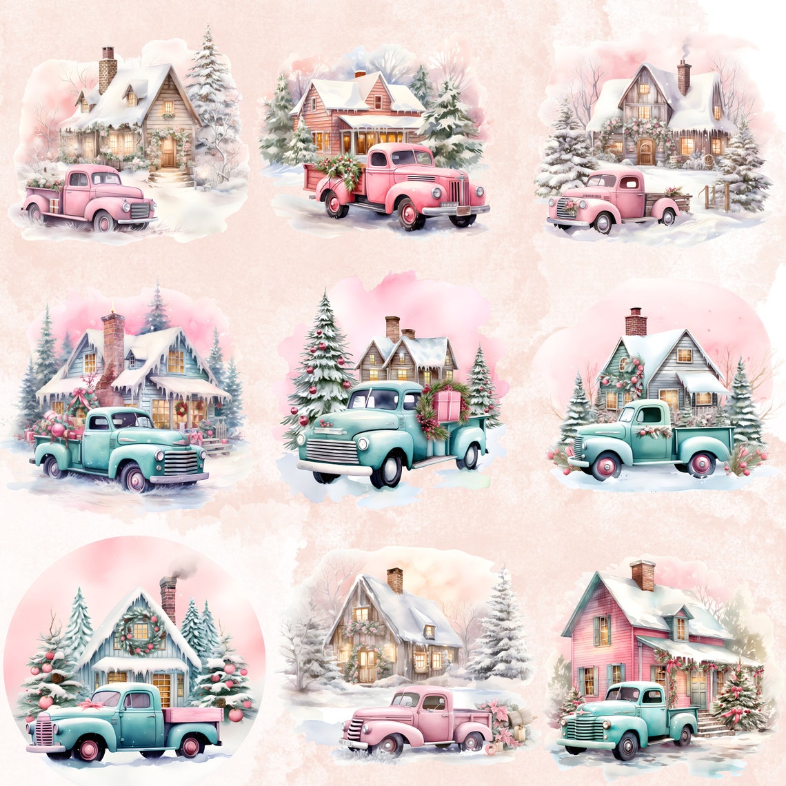 Watercolor Christmas Truck Clipart, 18 Pastel Watercolor Vintage ...