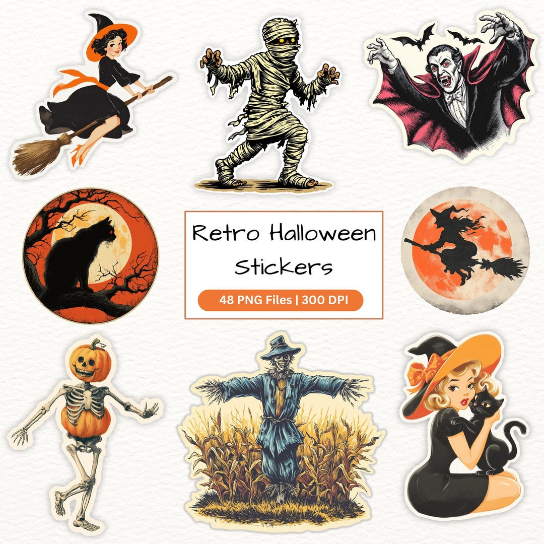 Retro Halloween Clipart PNG Bundle: Vintage Stickers for Junk Journals ...