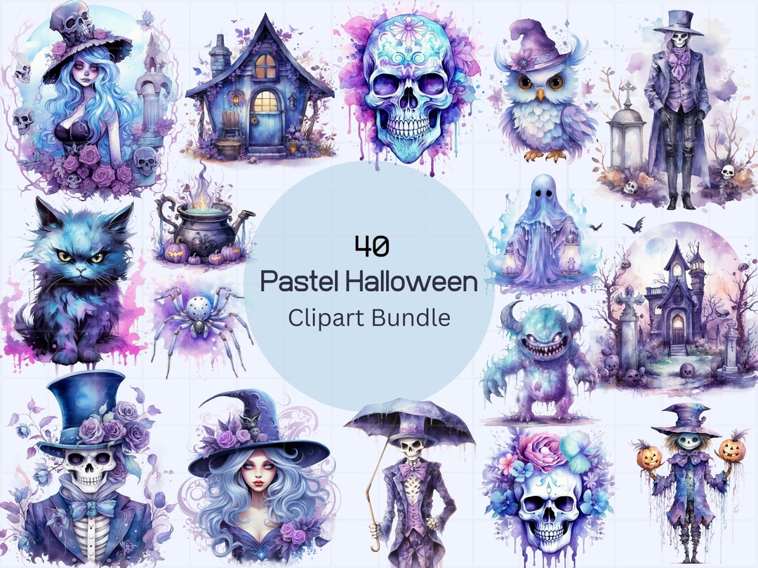 Pastel Halloween Clipart Bundle: 40 Watercolor Spooky PNG Graphics ...