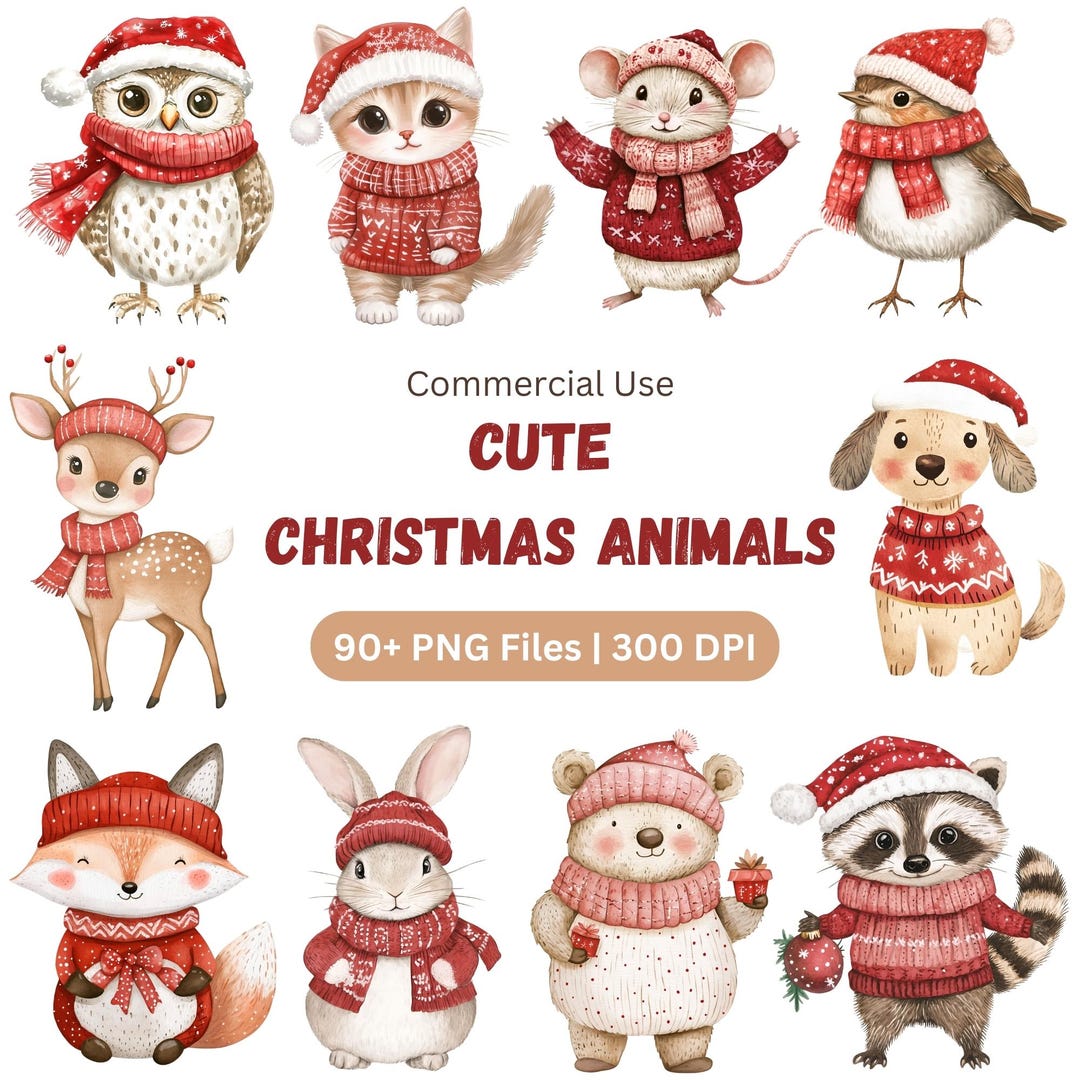 Cute Christmas Animals Clipart Bundle, Cute Festive Friends PNG, Cute ...