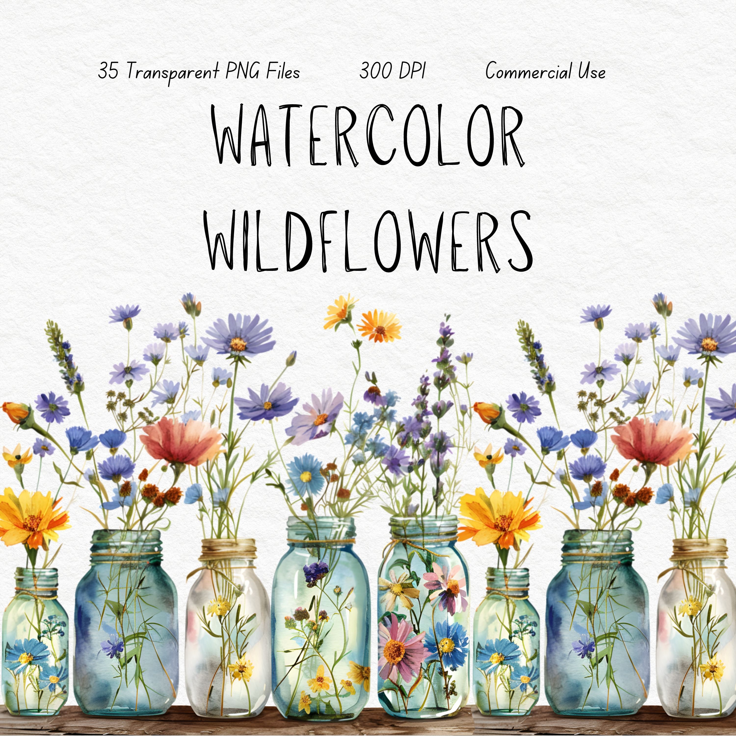 Watercolor Wildflowers in Mason Jars Clipart: Cottagecore Floral PNG ...