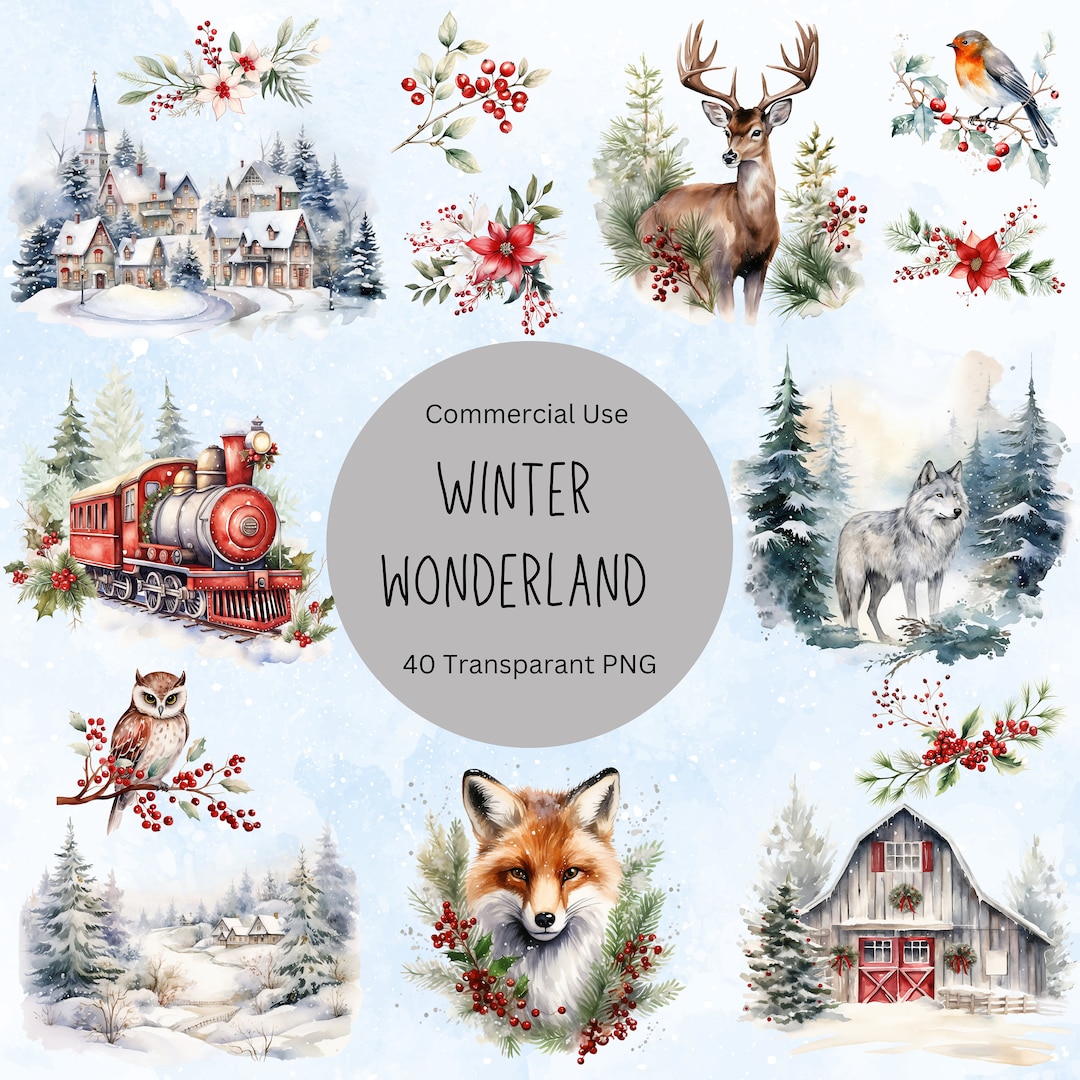 Watercolor Winter Wonderland Clipart Bundle, Watercolor Vintage ...