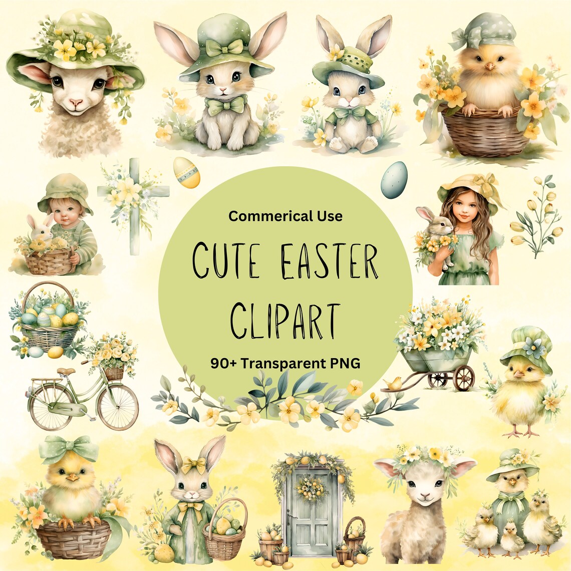 Cute Watercolor Easter Clipart Bundle, Farmhouse Easter Clipart, Easter ...