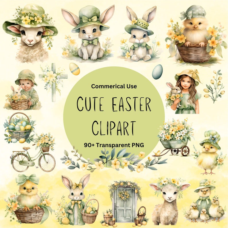 Watercolor Easter Clipart Bundle: Bunny, Chick, Lamb PNG (digital ...