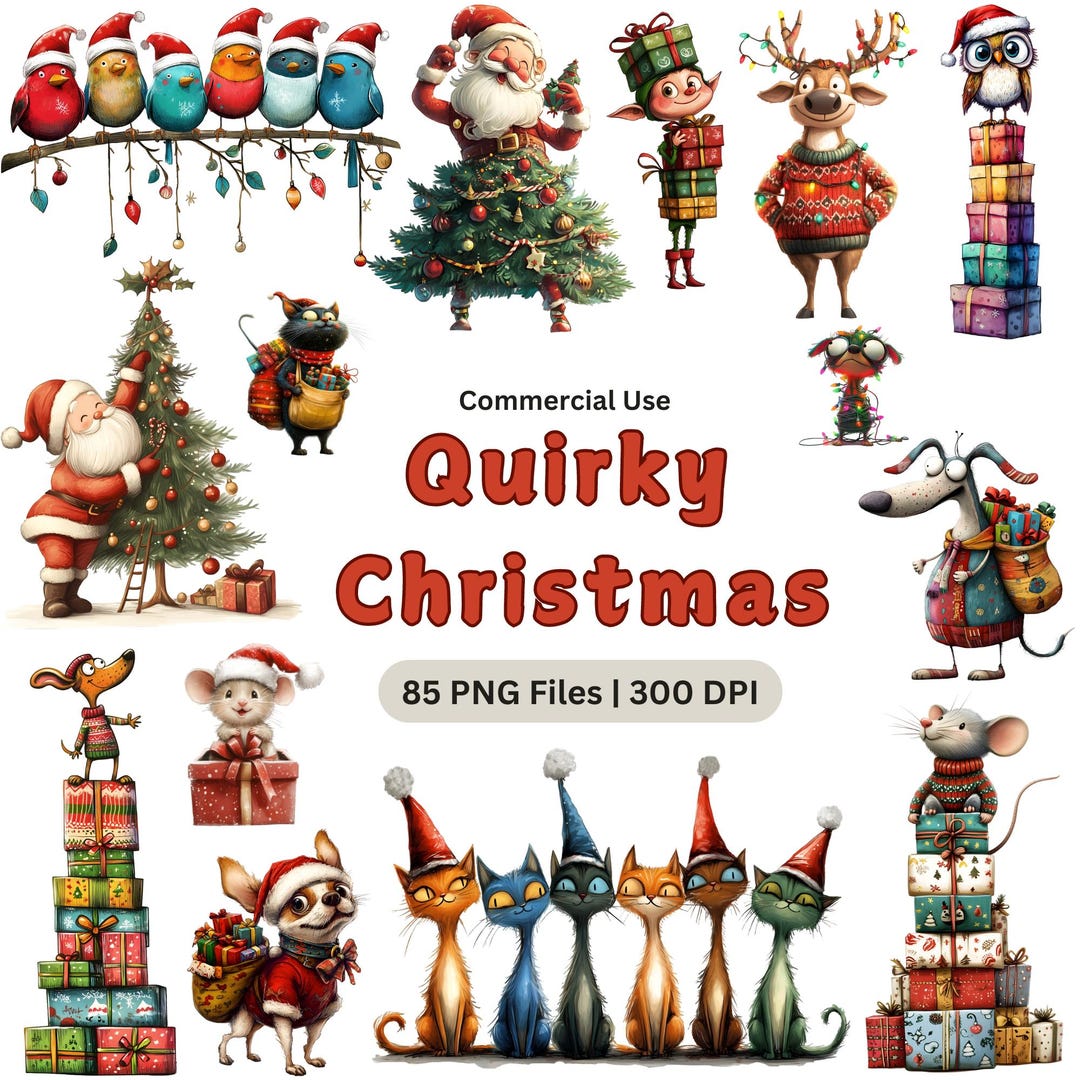 Quirky Christmas Clipart Bundle, Watercolor PNG Graphics (digital ...