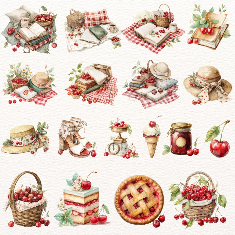 Watercolor Cherry Clipart Bundle: Cottagecore Summer Graphics (digital ...