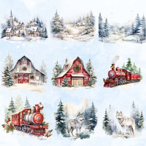 Watercolor Winter Wonderland Clipart: Vintage Christmas PNG Bundle ...