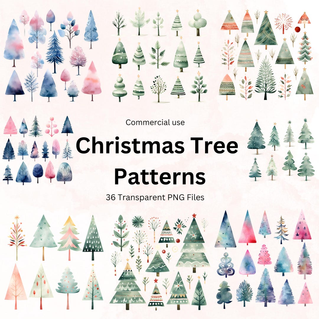 Nordic Christmas Tree Clipart: Watercolor Pine Patterns (digital ...