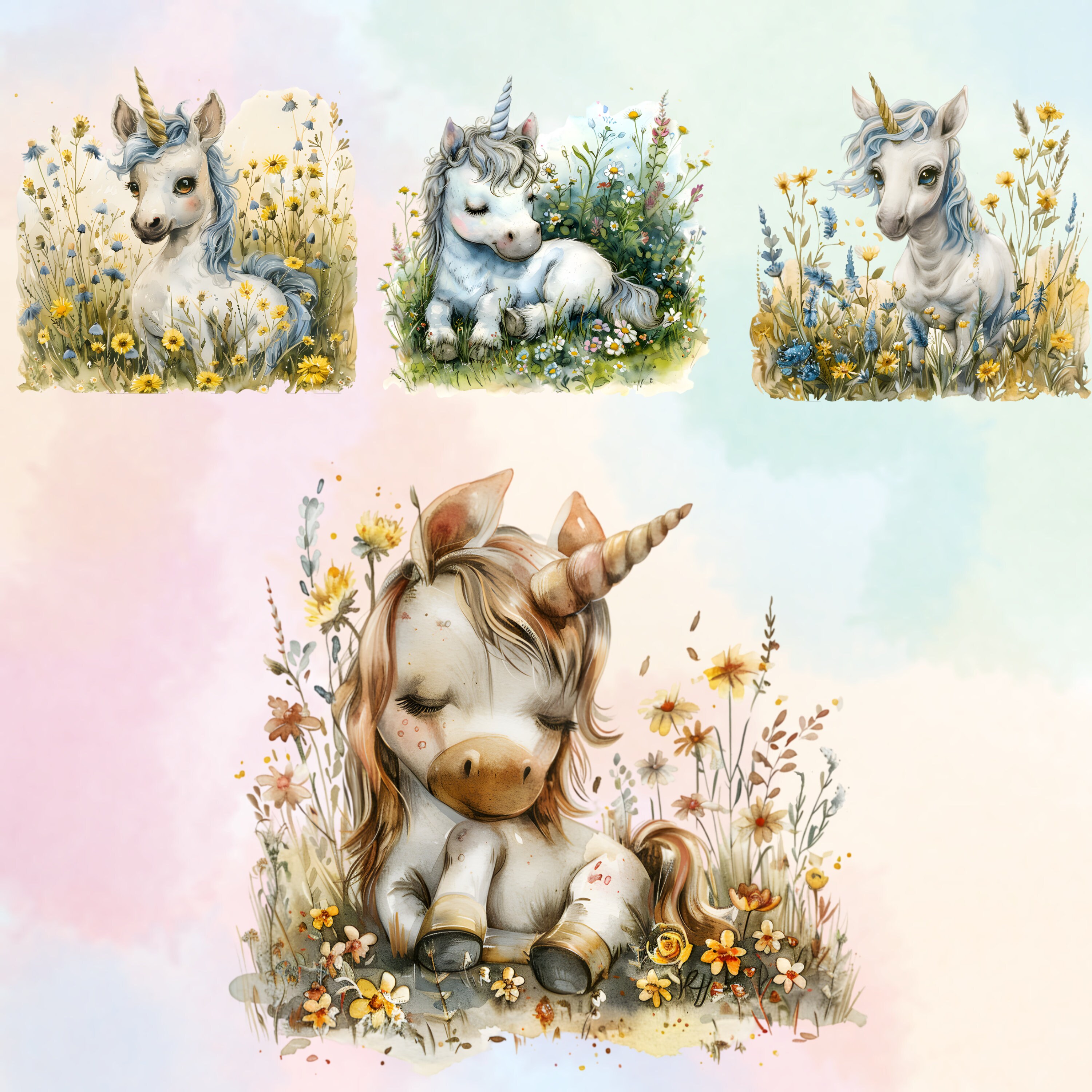 Cute Baby Unicorn Watercolor Clipart, Babyshower Clipart PNG, Flower ...