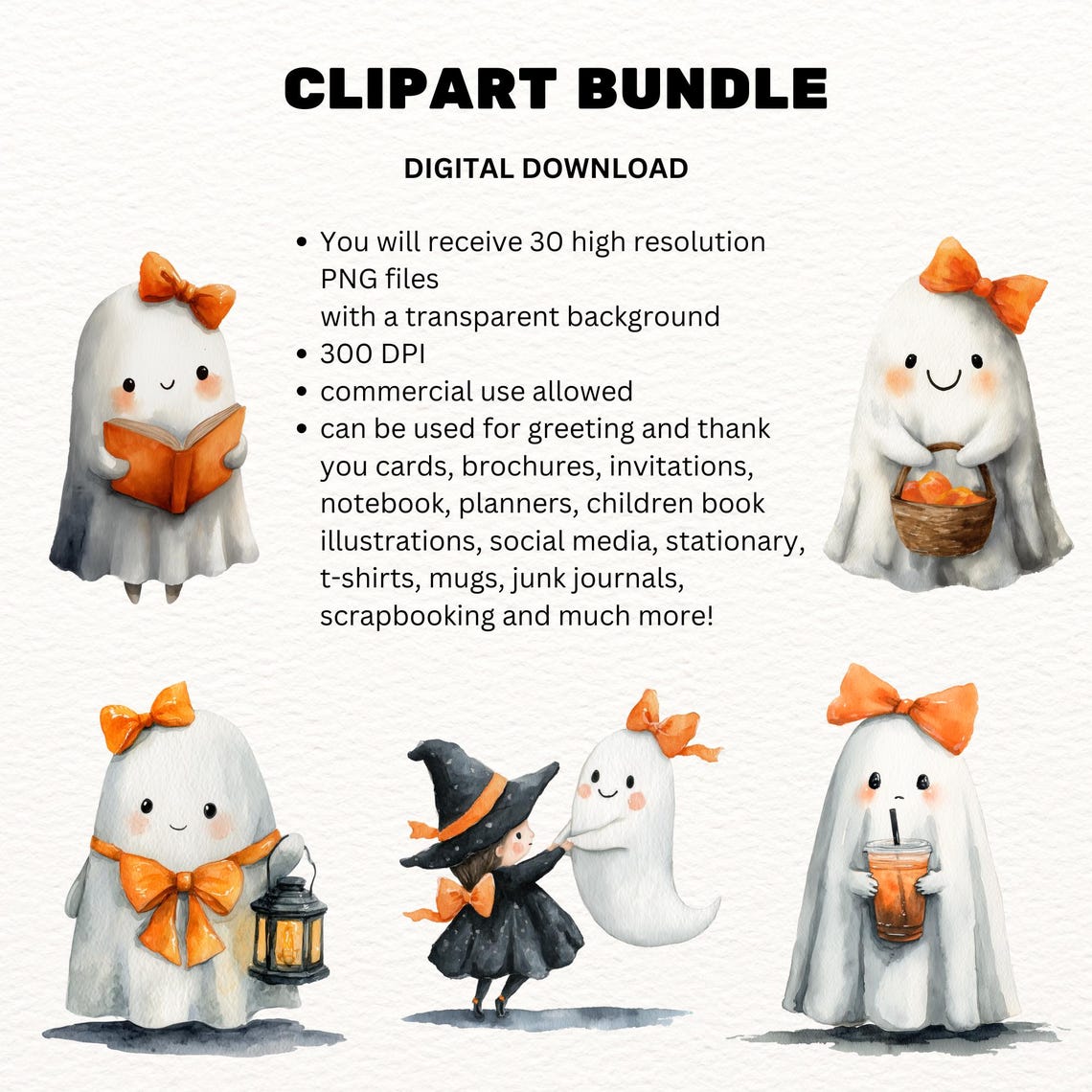 Cute Little Halloween Ghost Clipart Bundle, Halloween Graphics, Kids ...