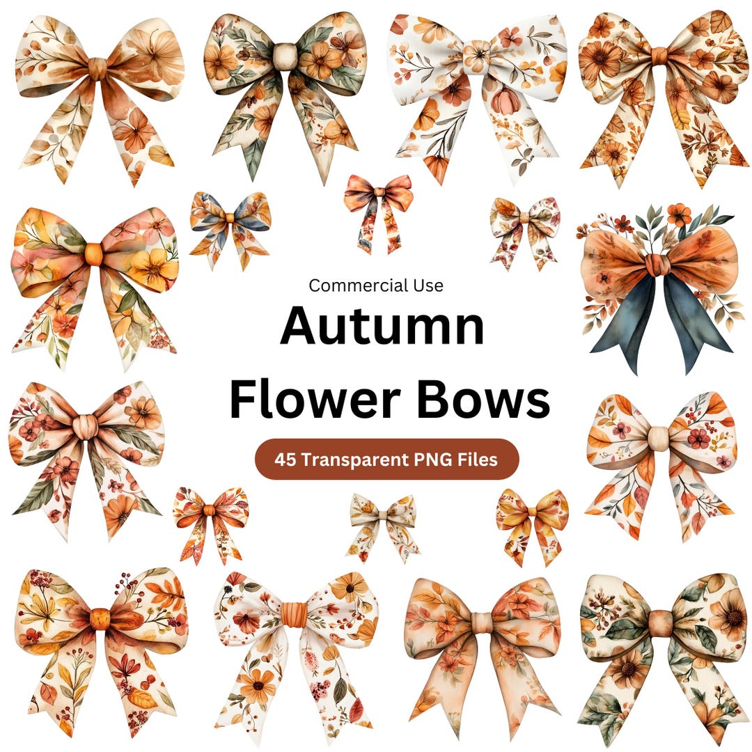 Coquette Autumn Flower Bows Clipart, Floral Bow PNG, Rustic Autumnal ...