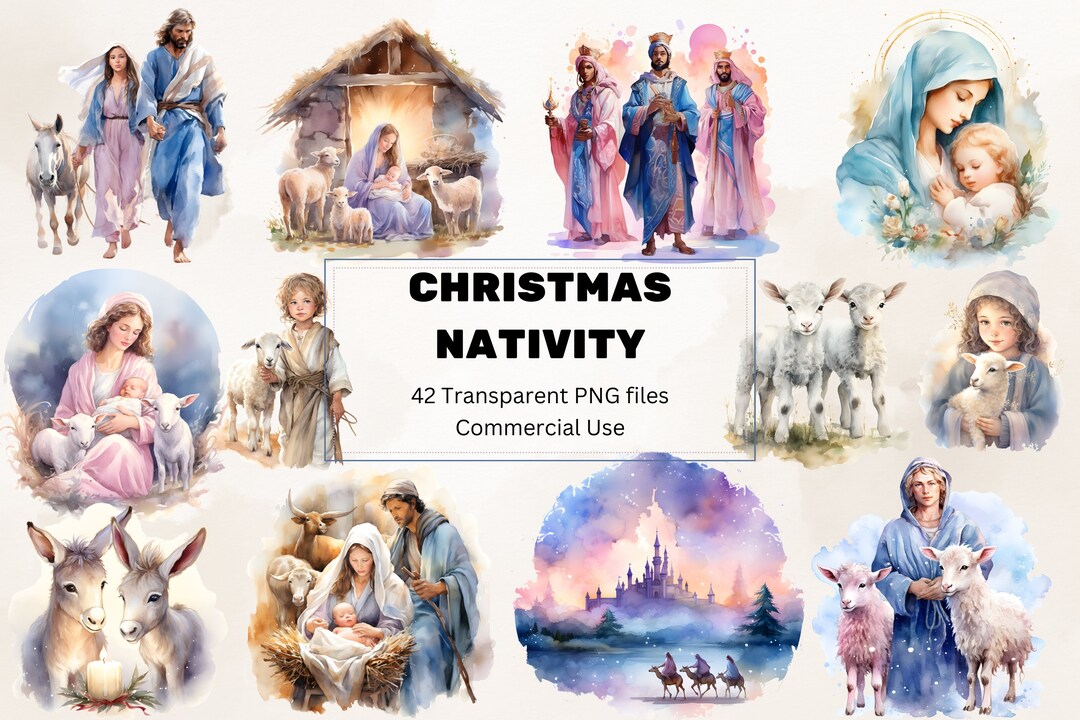 Watercolor Nativity Clipart Bundle: Christmas PNG Scenes (digital ...