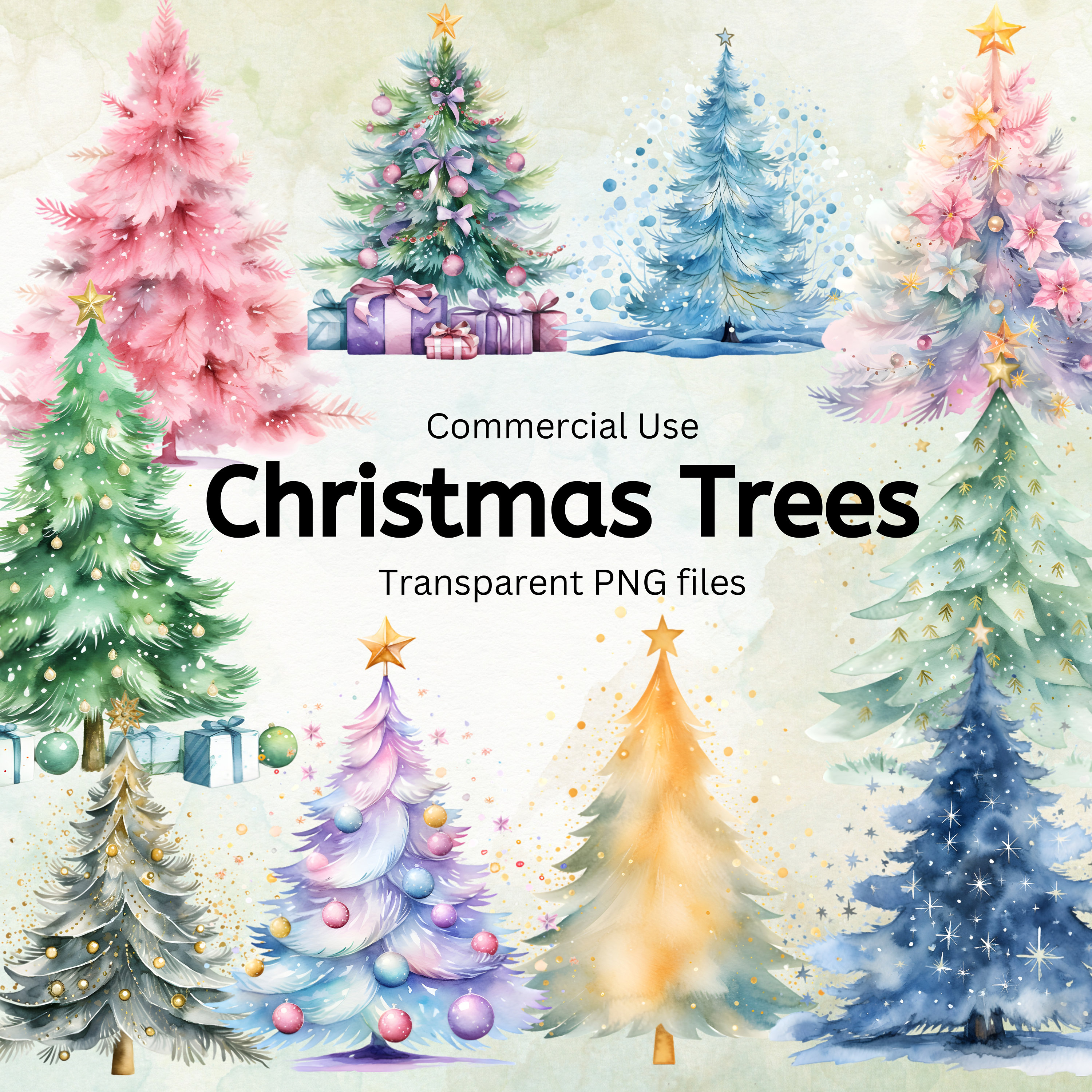 30 Watercolor Christmas Trees Clipart, Pastel Christmas Tree Clipart ...
