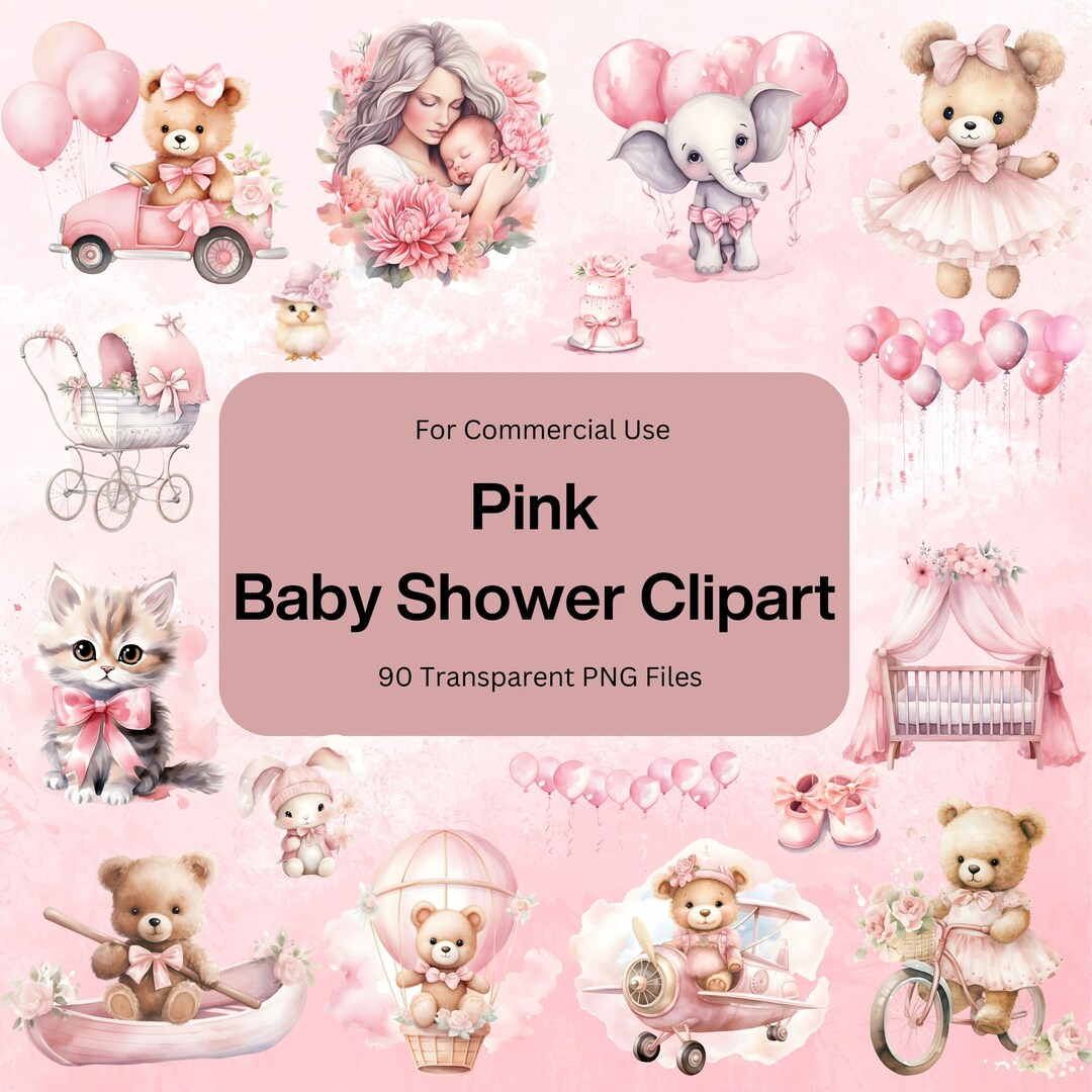 Pink Baby Shower Clipart: Watercolor Teddy Bear PNG (digital Download ...