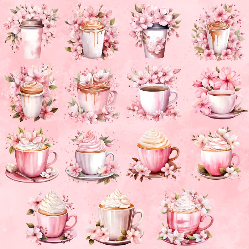 Watercolor Pink Spring Coffee Clipart: Floral Latte PNG (digital ...