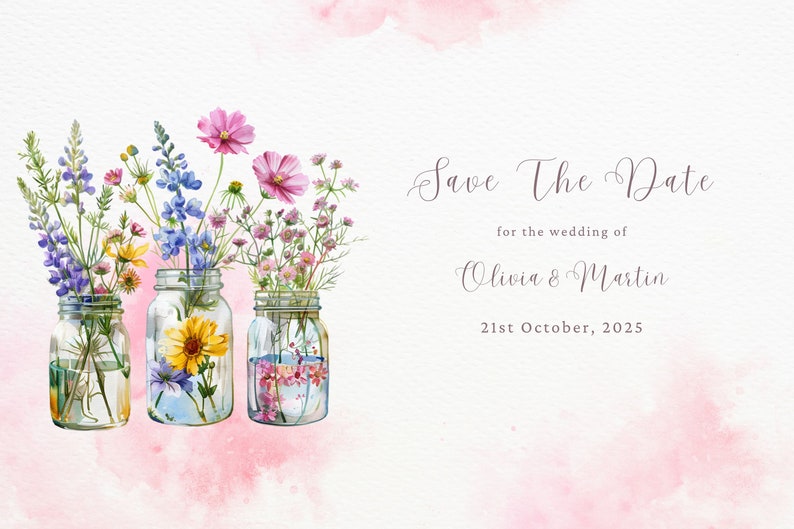 Watercolor Wildflowers in Mason Jars Clipart, Premade Wild Floral ...