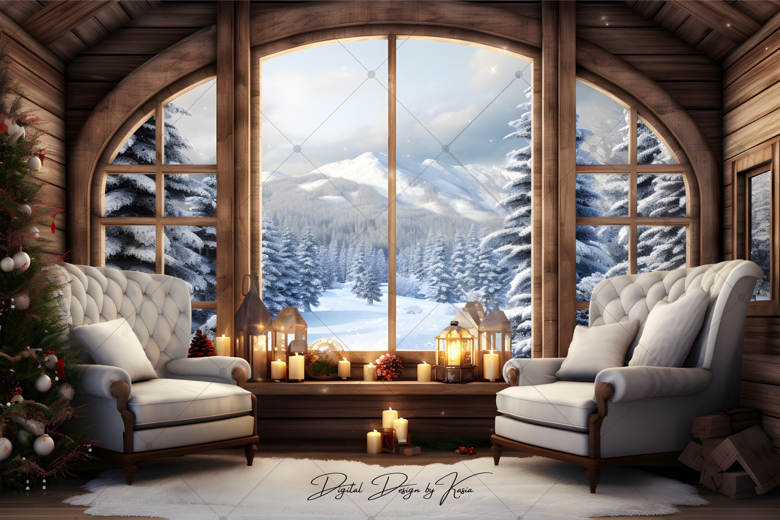 Christmas Cabin Digital Backdrop, Mountain Cabin Christmas Digital ...