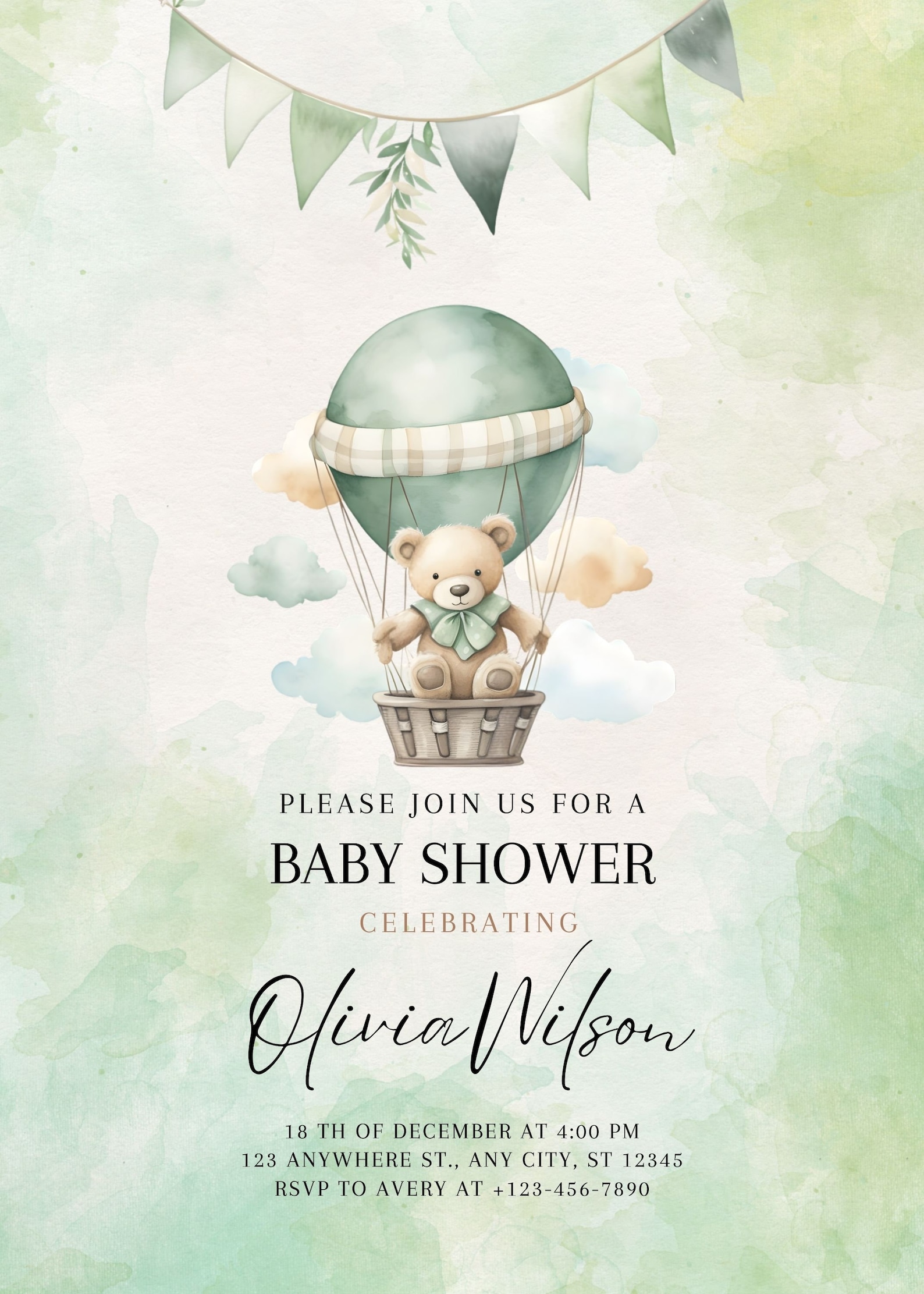 Sage Green Watercolor Babyshower Clipart PNG, Teddy Bear Clipart ...