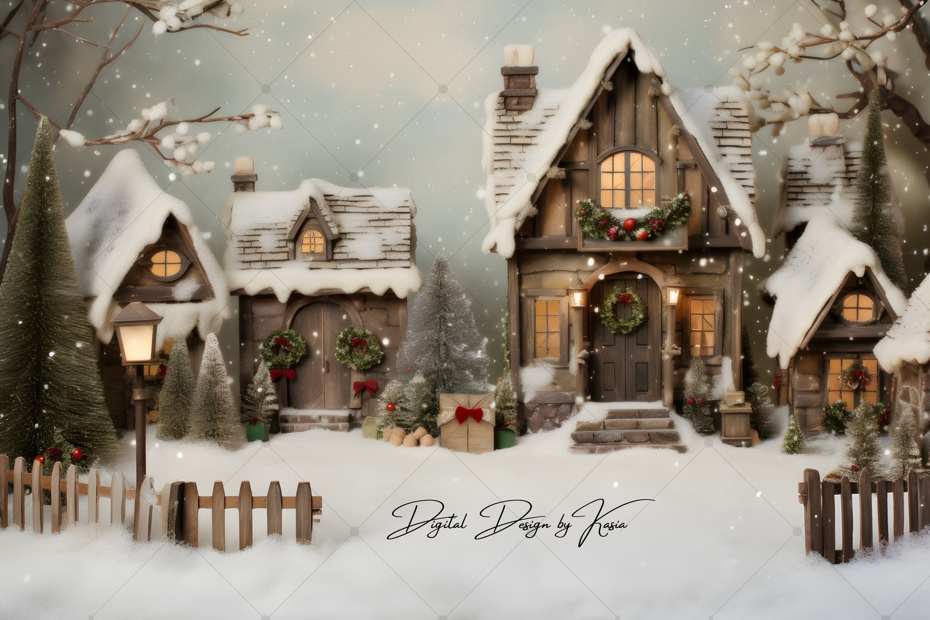 Christmas Village Digital Background, Vintage Christmas Village ...