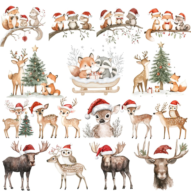 Woodland Christmas Clipart Bundle: Festive Animals, Holiday Graphics ...