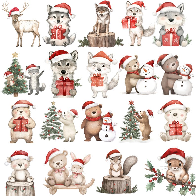 Woodland Christmas Clipart Bundle: Festive Animals, Holiday Graphics ...