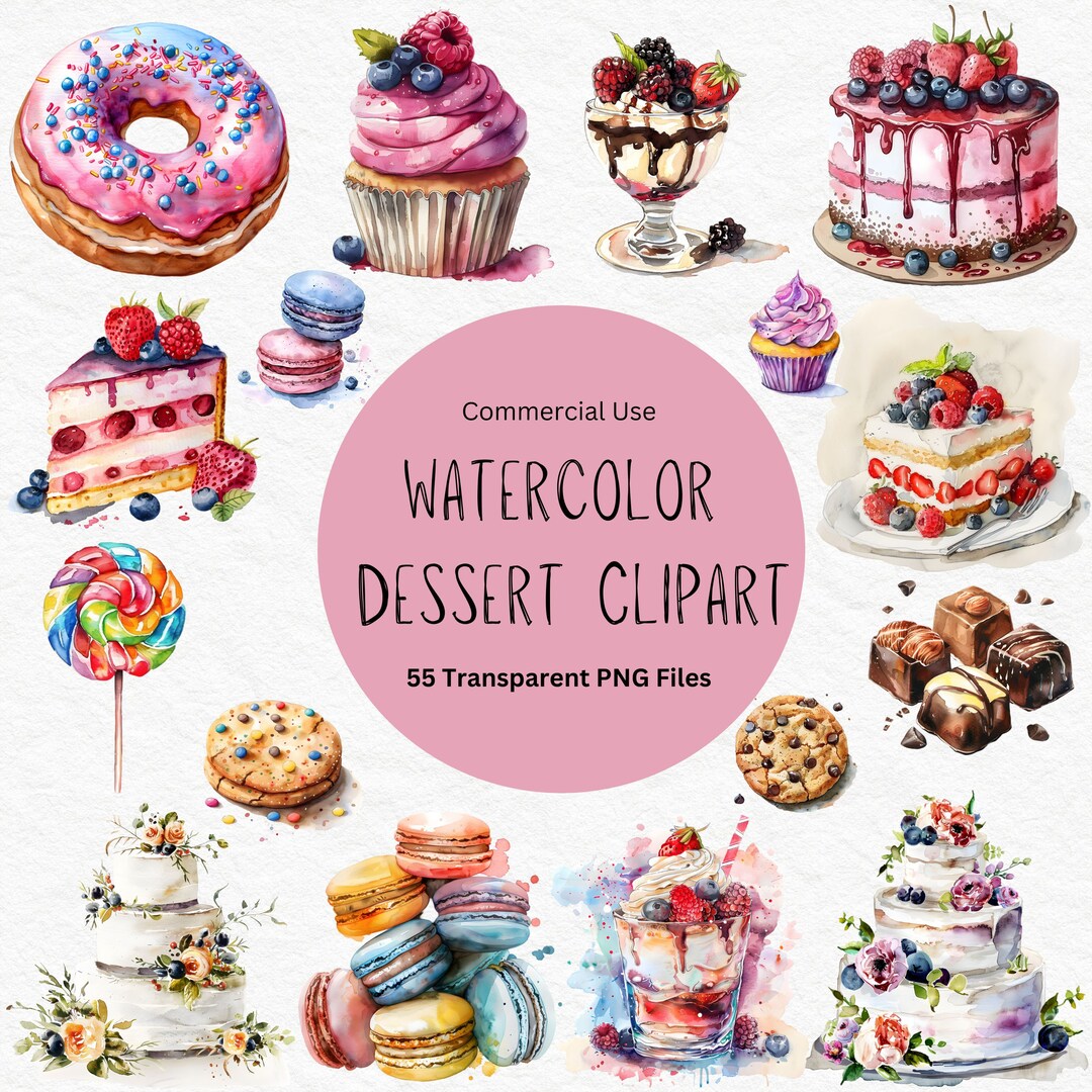 Watercolor Delicious Dessert Clipart Bundle, Premade Candy Clipart ...