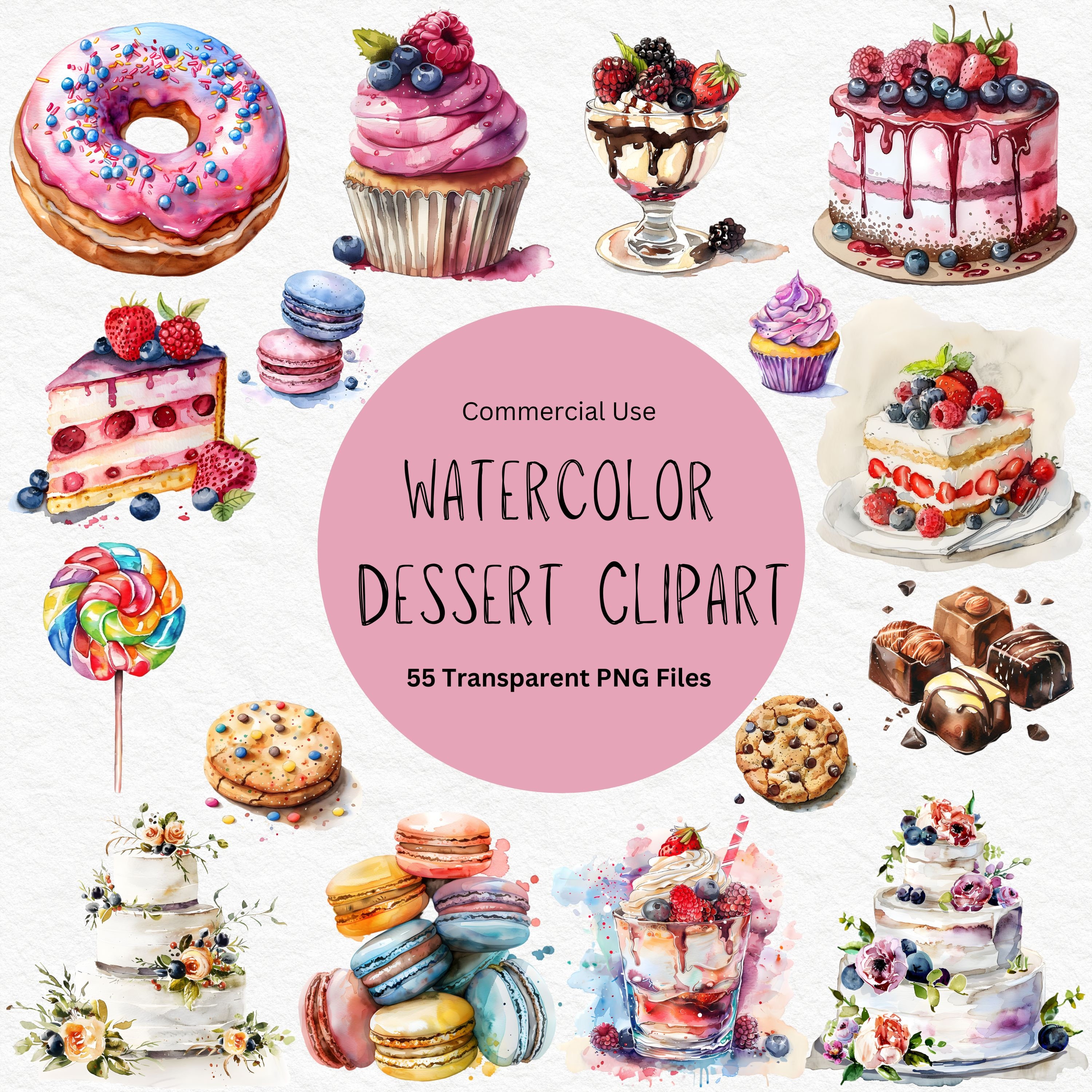 Watercolor Delicious Dessert Clipart Bundle, Premade Candy Clipart ...
