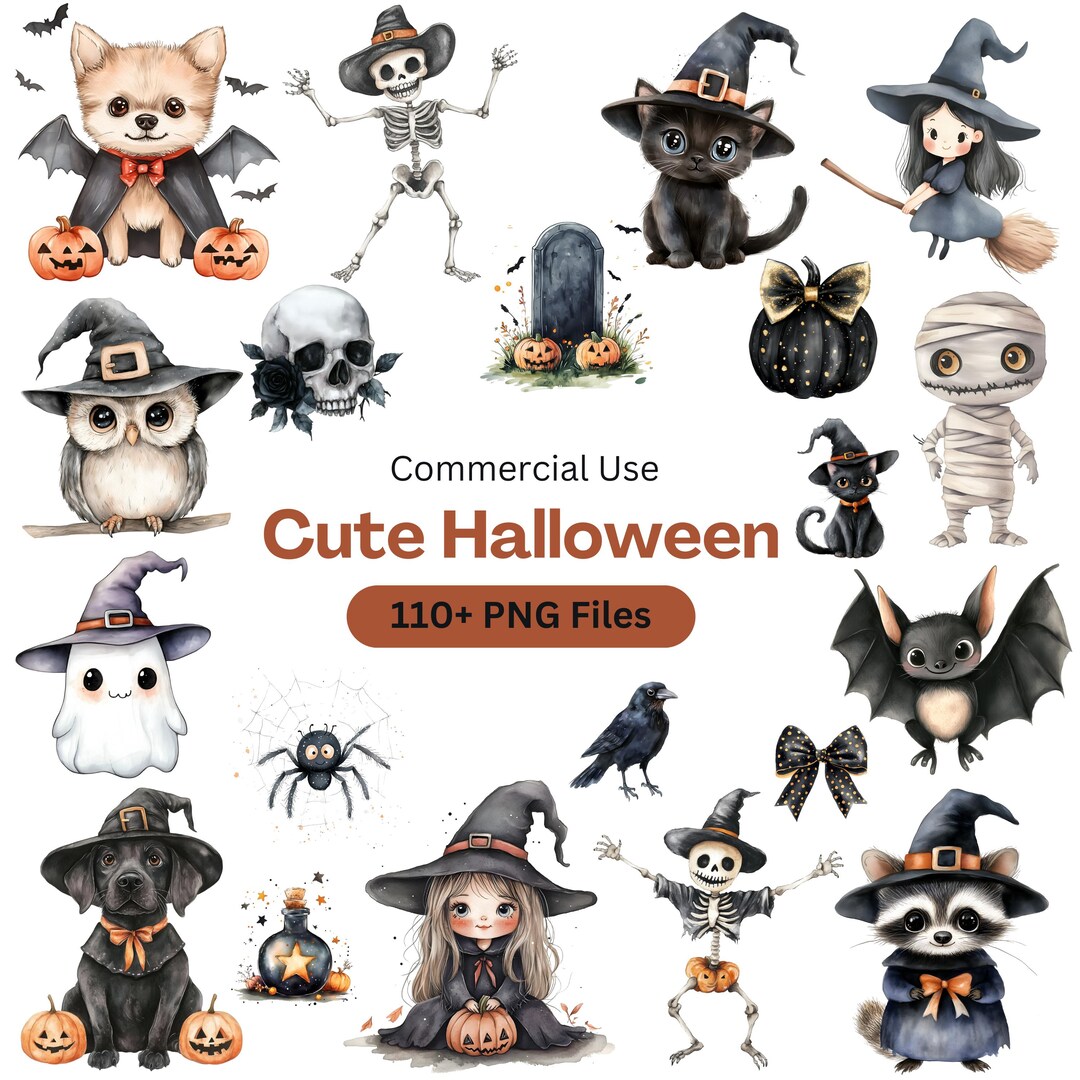 Watercolor Cute Halloween Clipart Mega Bundle, Kids PNG Graphics - Etsy