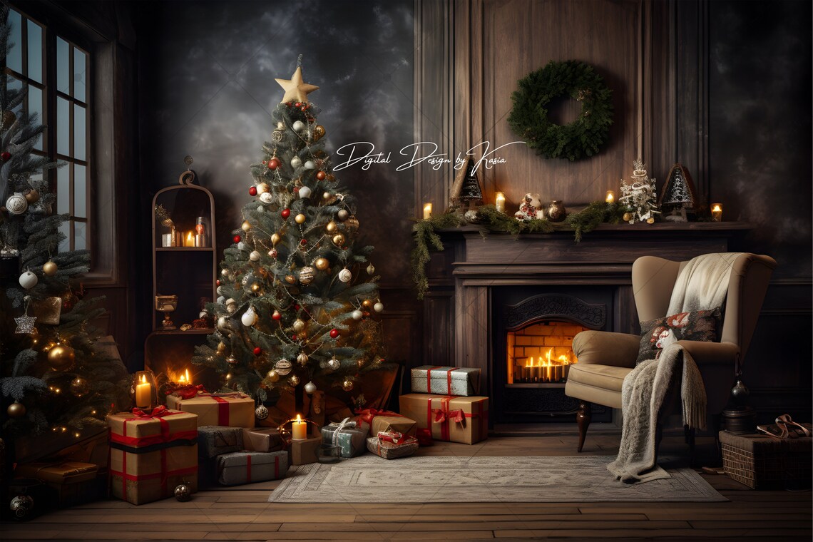 Christmas Digital Backdrop, Cosy Christmas Room Digital Background ...