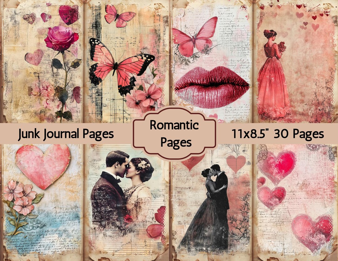 Romantic Junk Journal Pages, Valentine Scrapbook Papers, Shabby Chic ...