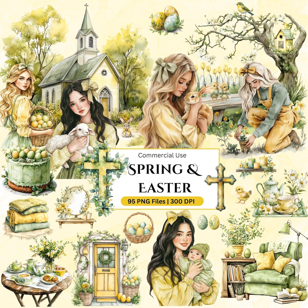 Watercolor Spring & Easter Clipart Bundle: Cottagecore PNG ...