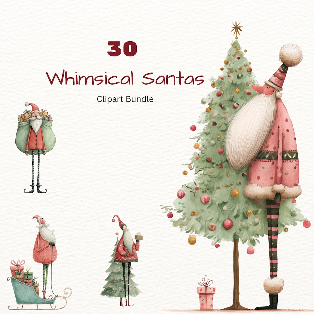 Whimsical Santas Clipart Bundle: 30 Quirky Santa Claus Christmas PNG ...