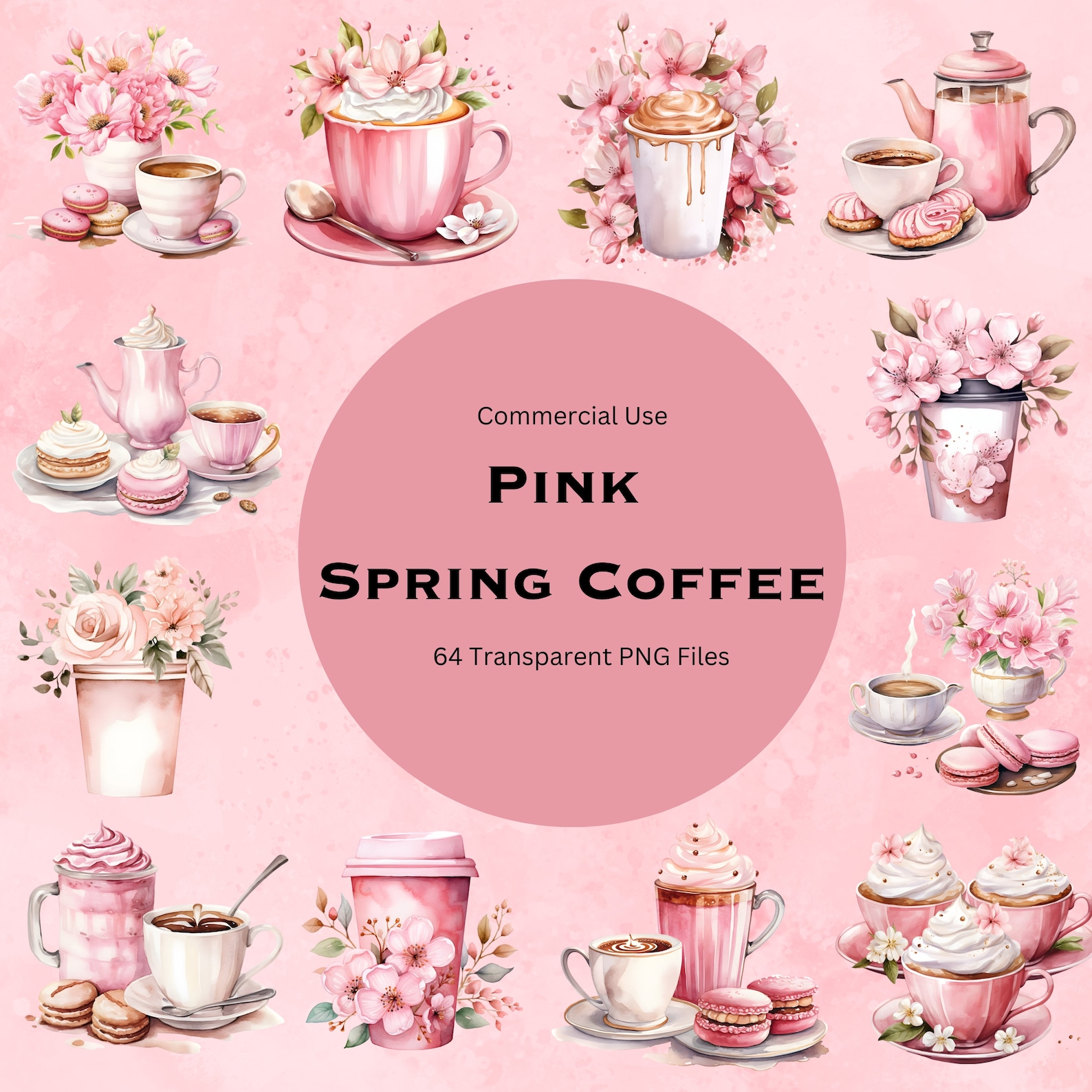 Watercolor Pink Spring Coffee Clipart: Floral Latte PNG (digital ...