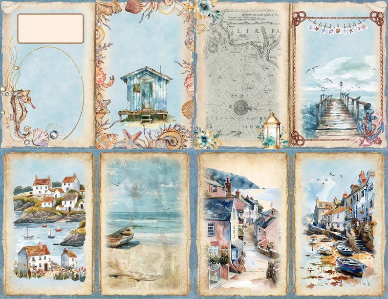 Watercolor Coastal Junk Journal Kit: Vintage Seaside Ephemera (digital ...