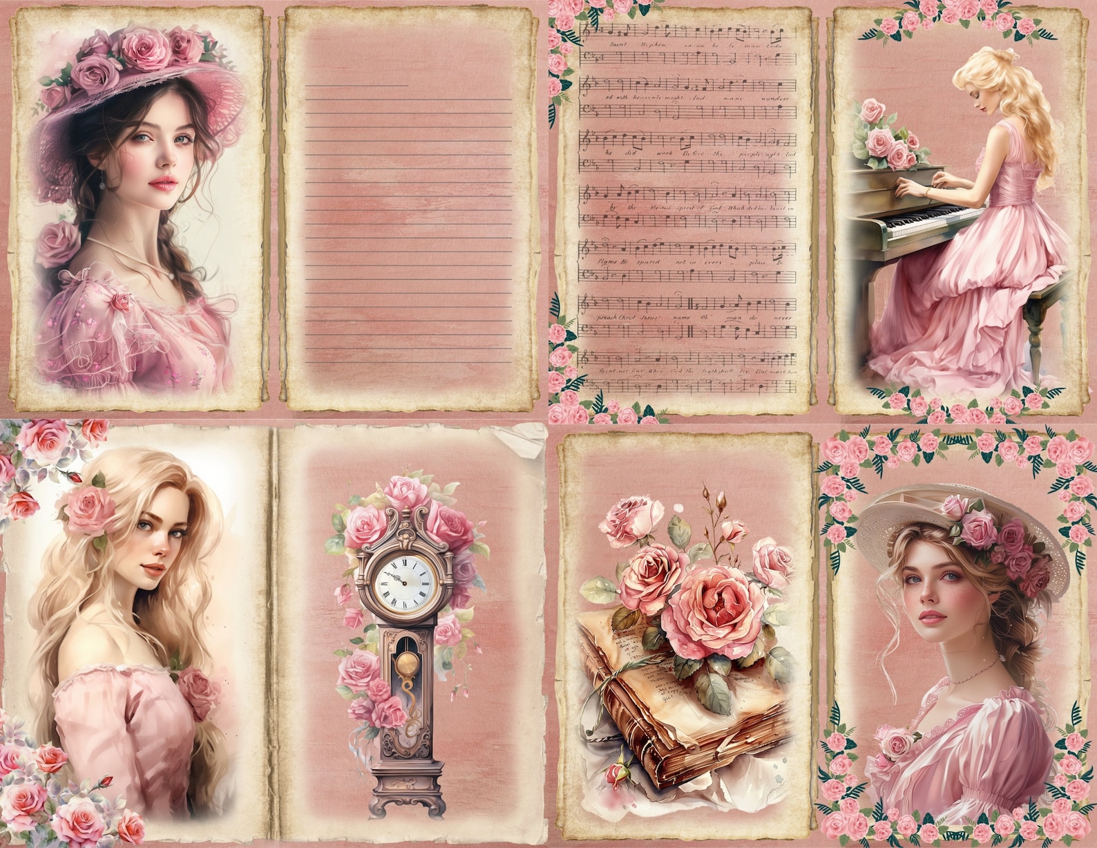 Watercolor Vintage Rose Junk Journal Kit, Victorian Lady Pink Rose ...