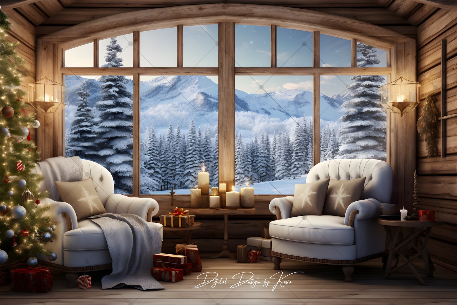 Christmas Cabin Digital Backdrop, Mountain Cabin Christmas Digital ...