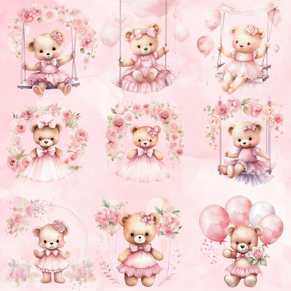 Pink Teddy Bear Clipart, Cute Watercolor Pink Babyshower Clipart PNG ...