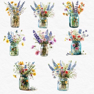 Watercolor Wildflowers in Mason Jars Clipart: Cottagecore Floral PNG ...