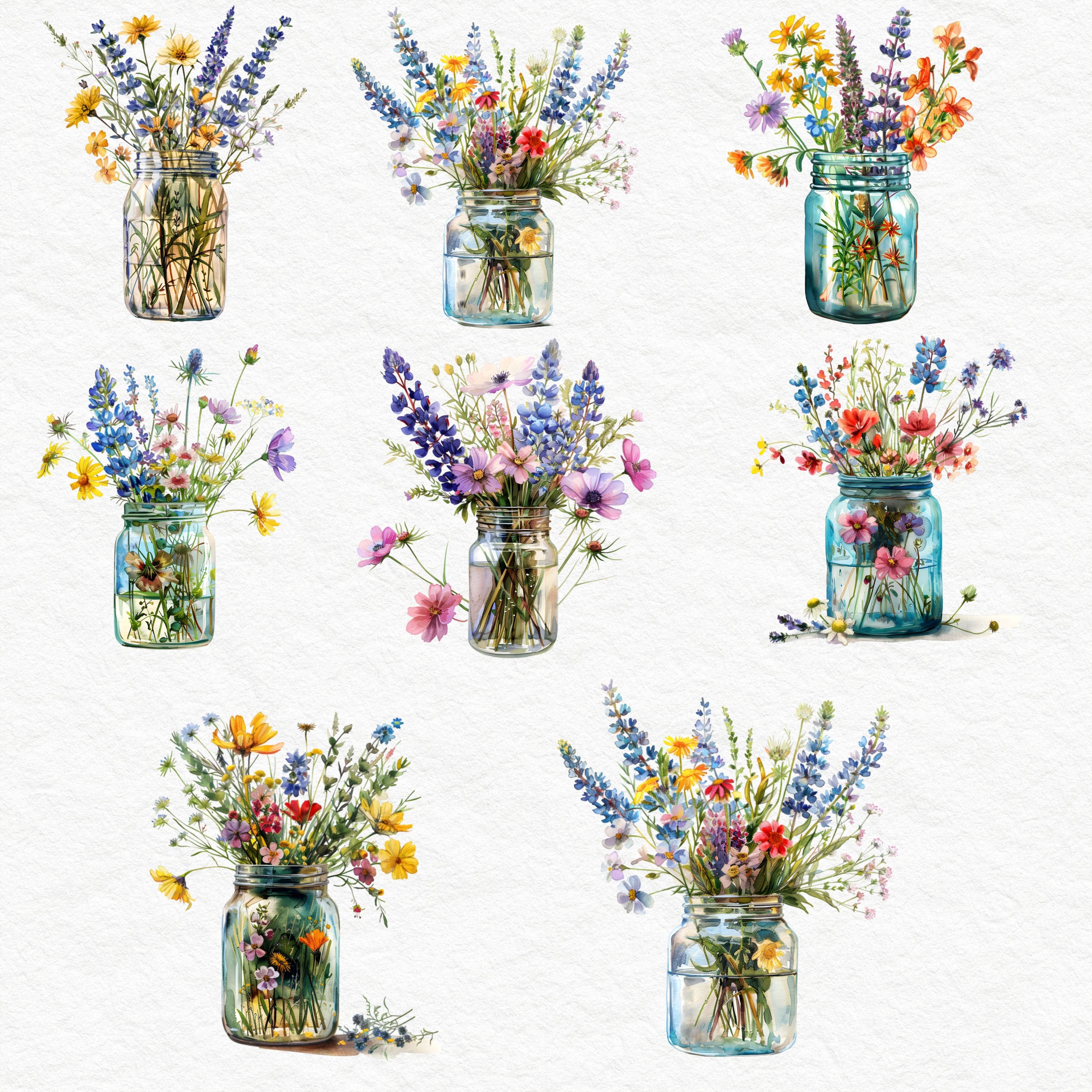 Watercolor Wildflowers in Mason Jars Clipart: Cottagecore Floral PNG ...