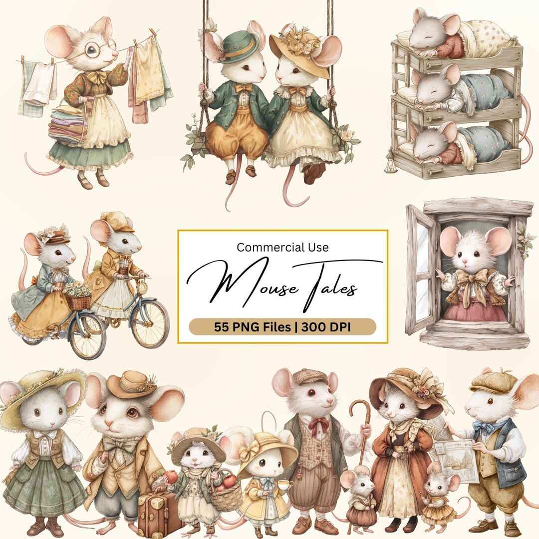 Watercolor Mouse Tales Clipart: Vintage Mice PNG Bundle (55 Designs) - Etsy