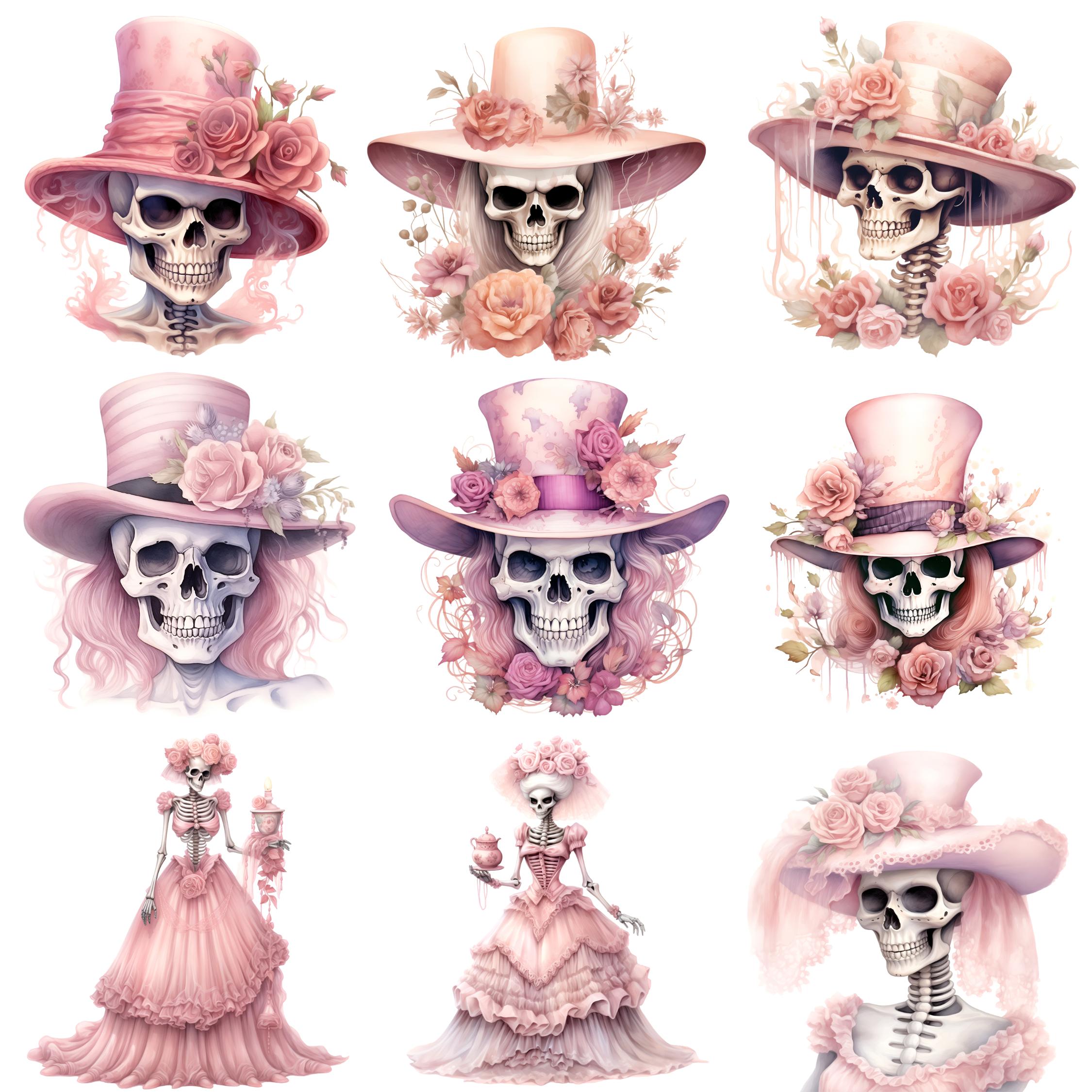 Pink Halloween Skeleton Clipart Bundle: Vintage Spooky PNG Graphics ...