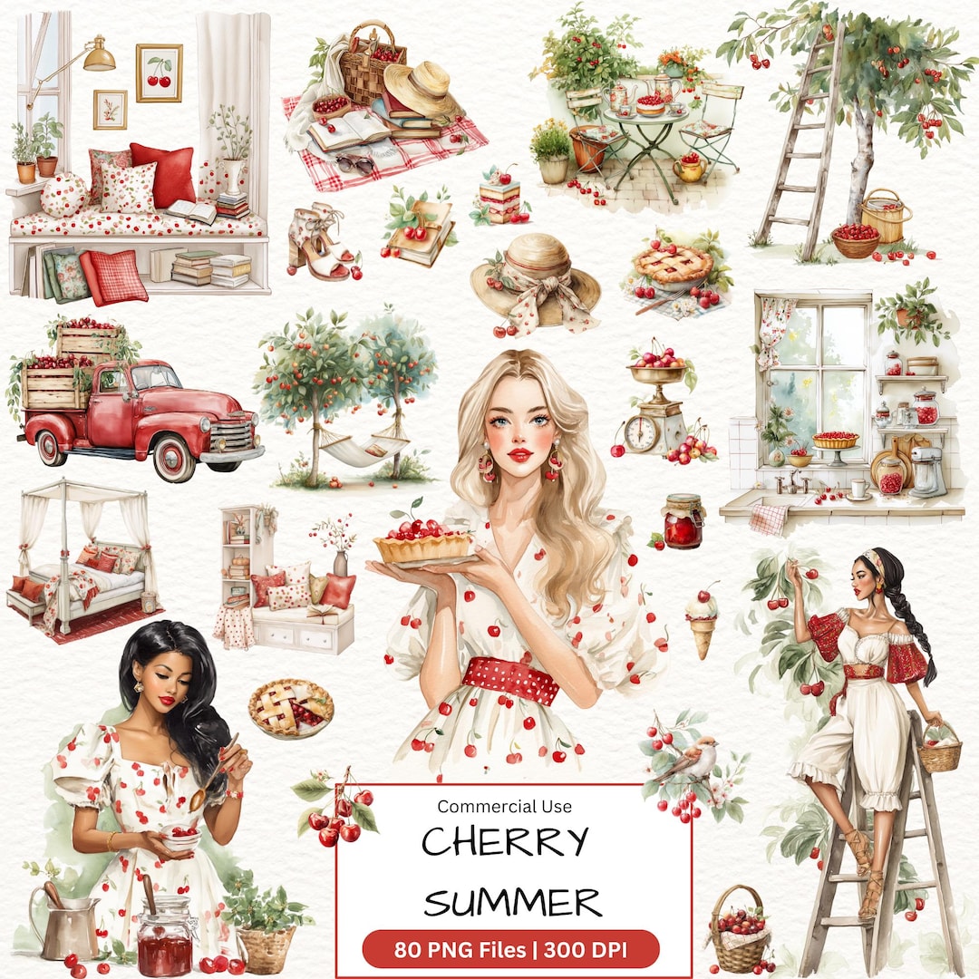 Watercolor Cherry Clipart Bundle: Cottagecore Summer Graphics (digital ...